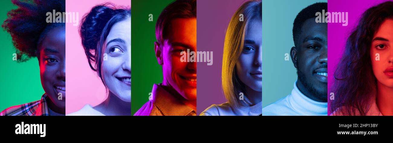 Multiethnic friends. Cropped portraits of people on multicolored ...
