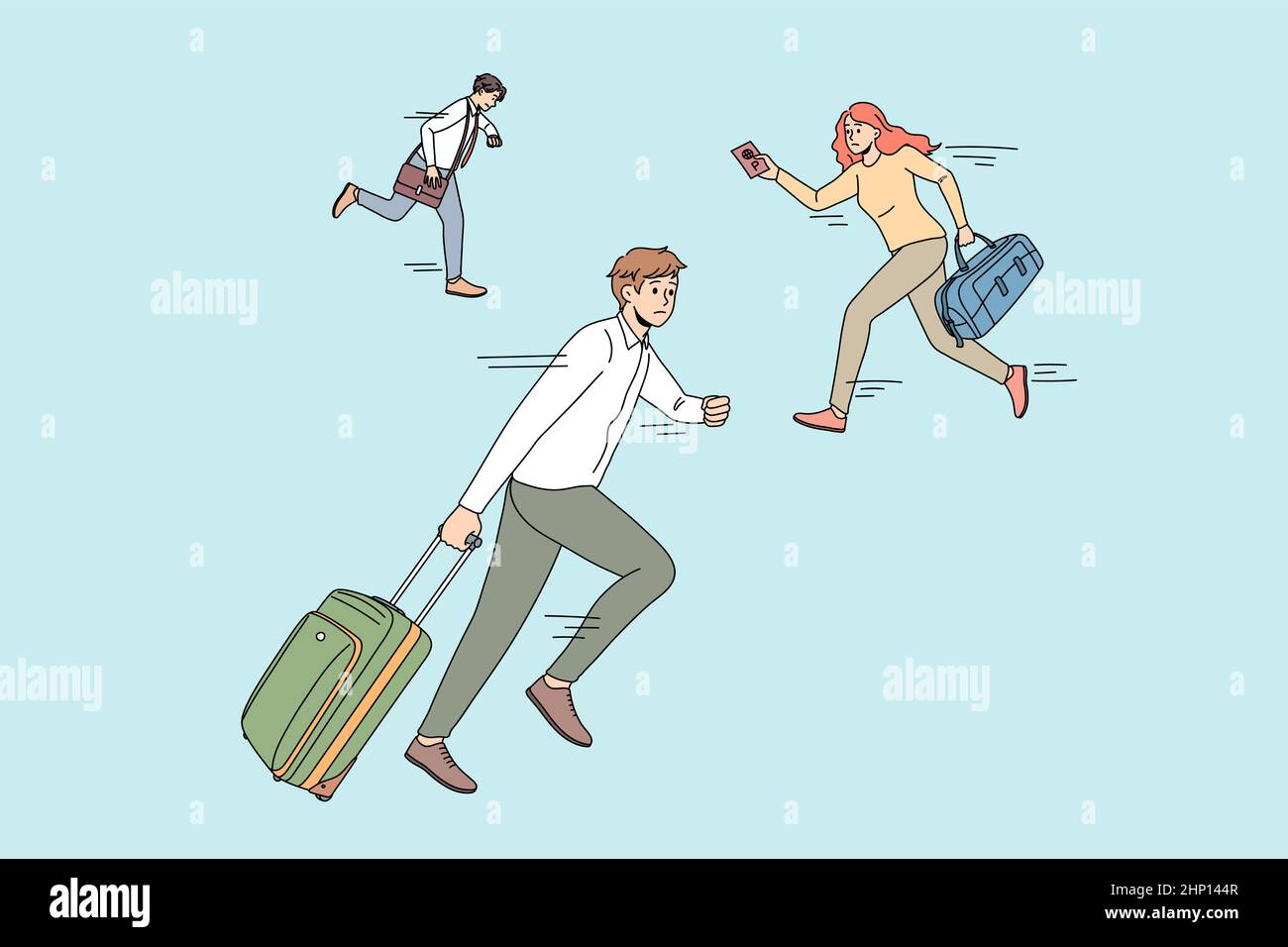 Anxious people with baggage running in airport not miss plane. Worried ...