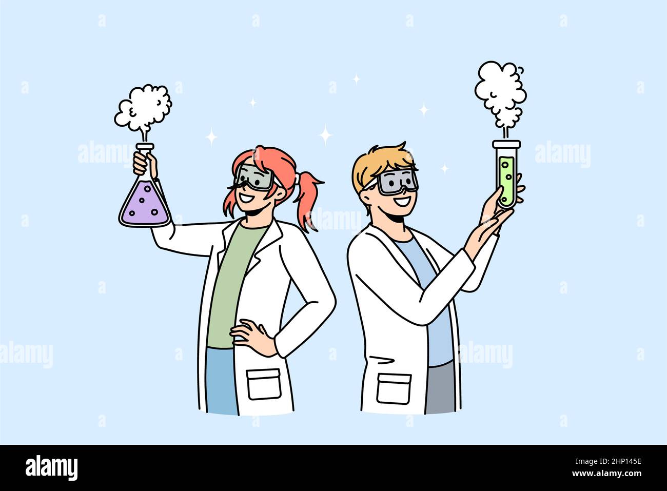 Happy kids in medical uniform do science experiments at chemistry class ...