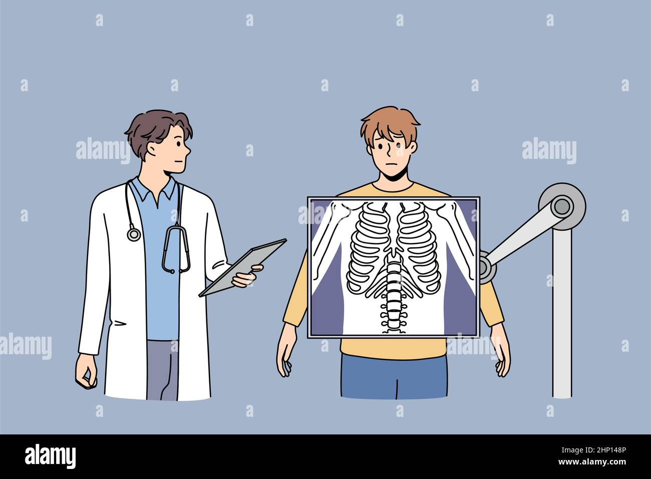 Doctor examine unhealthy male patient standing on xray machine testing ...