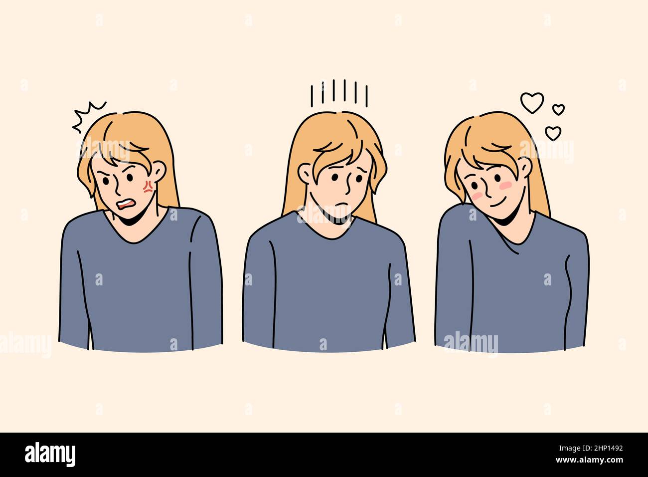 Young woman show different emotions: angry, sad and love. Millennial ...