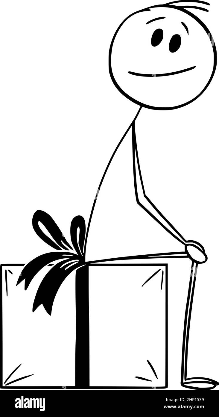 Smiling Person Sitting on Wrapped Gift or Present, Vector Cartoon Stick ...