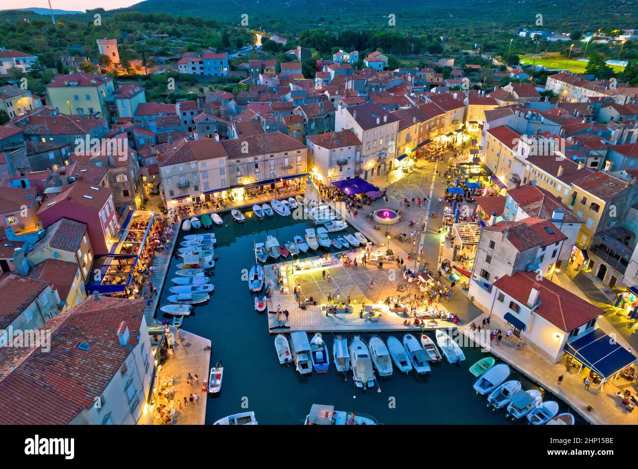 Town of Cres harbor aerial evening view, Island of Cres, Kvarner region ...