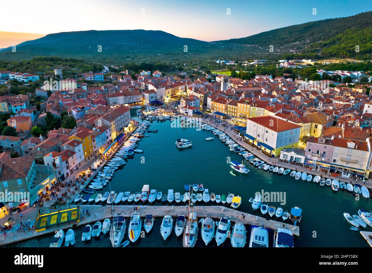 Town of Cres harbor aerial evening view, Island of Cres, Kvarner region ...