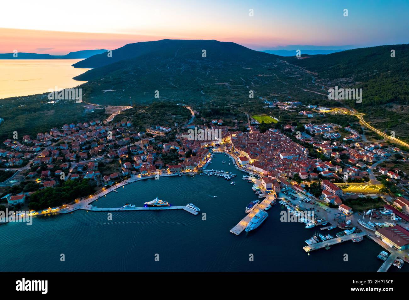Town of Cres harbor aerial evening view, Island of Cres, Kvarner region ...