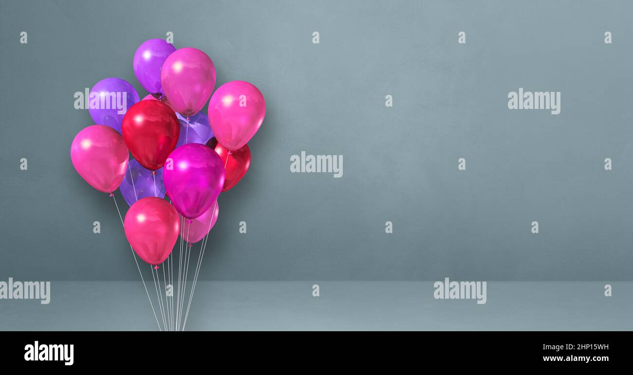 Pink balloons bunch on a grey wall background. Horizontal banner. 3D ...