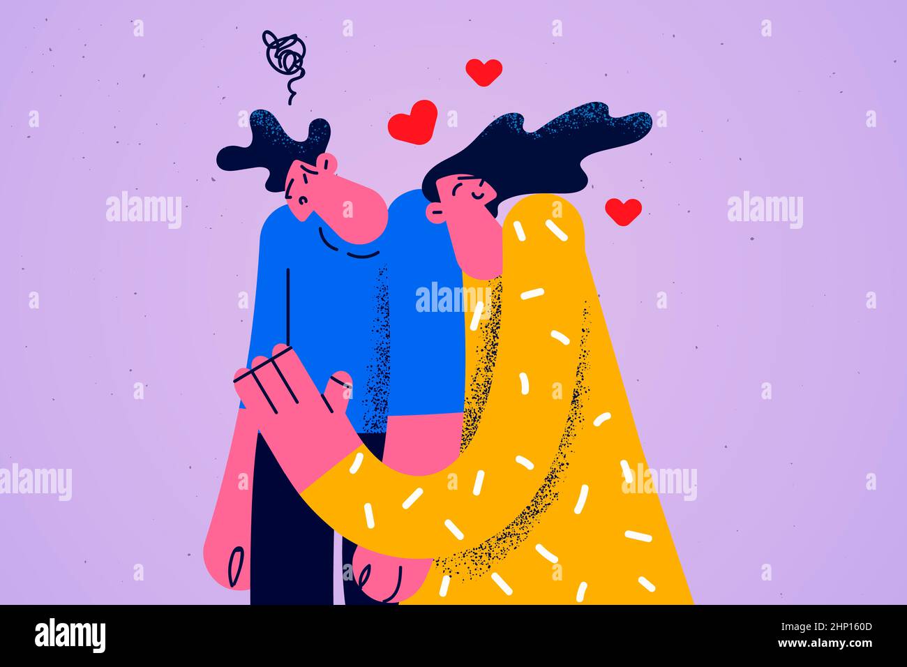 Young woman hug cuddle confused man show love and affection. Couple ...