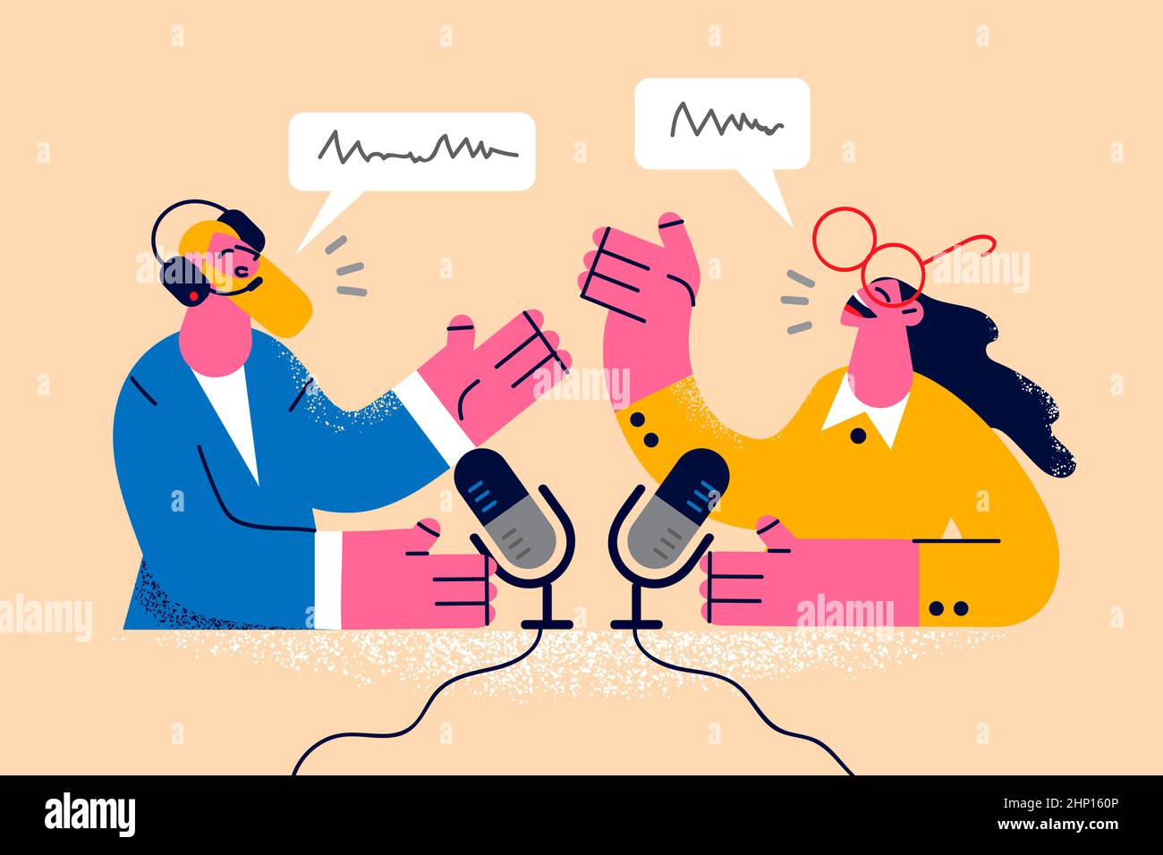 Smiling radio host talk with guest on microphone on live stream in air ...