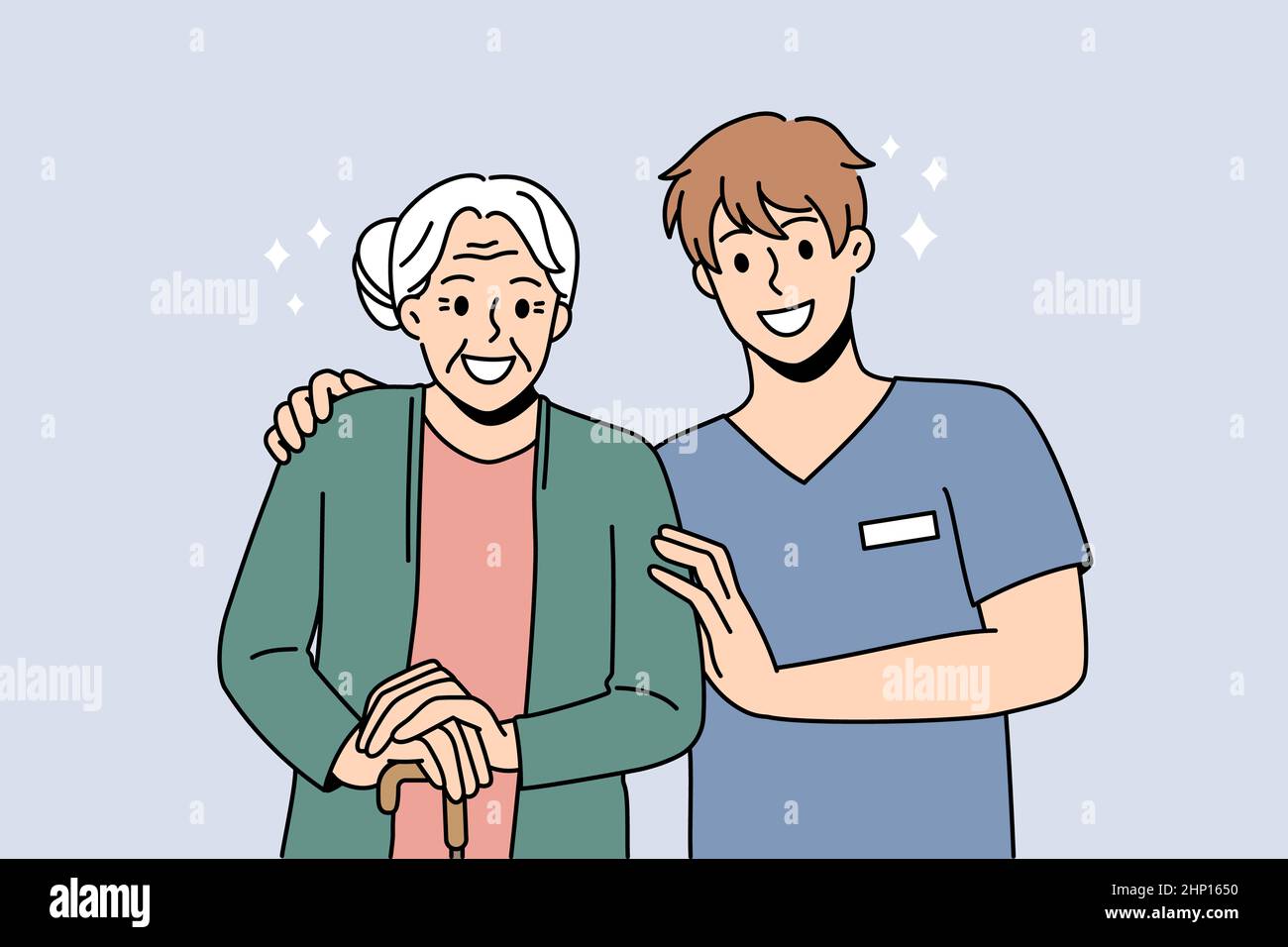 Smiling male caregiver with happy elderly woman patient in nursing home ...