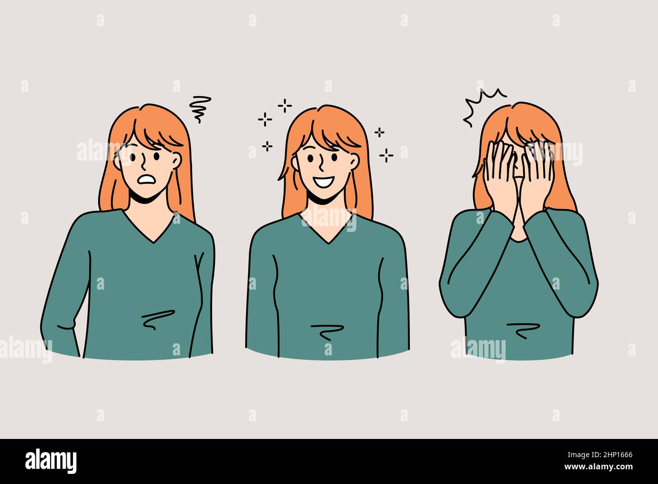 Young Caucasian woman show different emotions, frustration, happiness ...