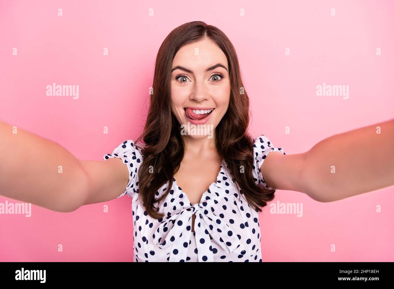 Photo of attractive young girl take selfie shooting video vlog ...