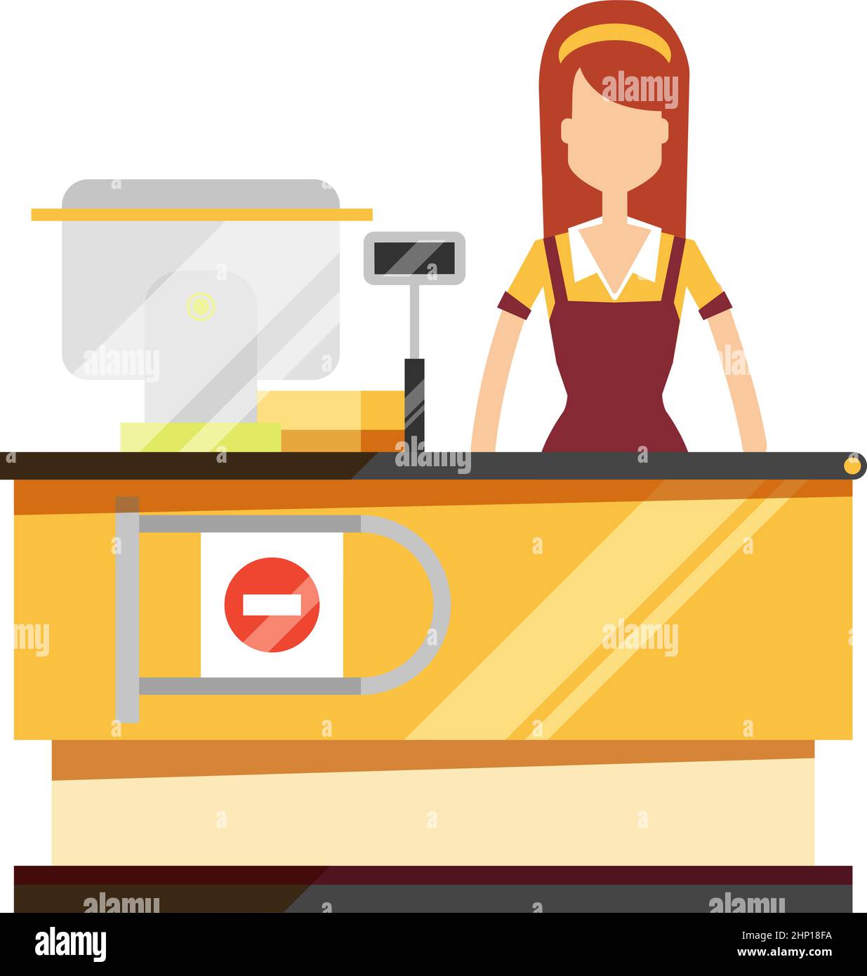 Store counter with standing woman cashier. Cash register stand Stock ...