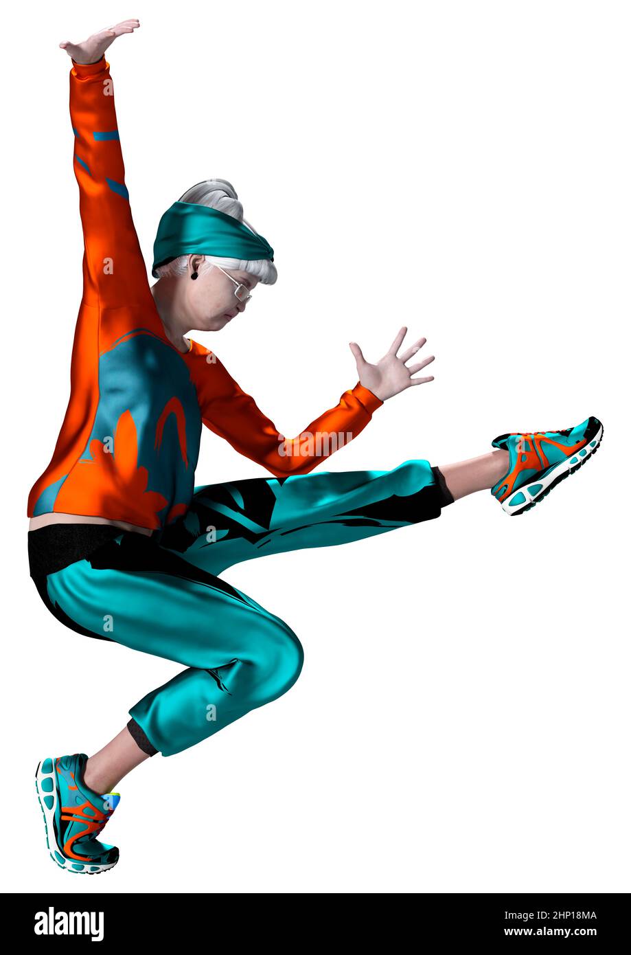 3D rendering of a senior woman dancing isolated on white background ...