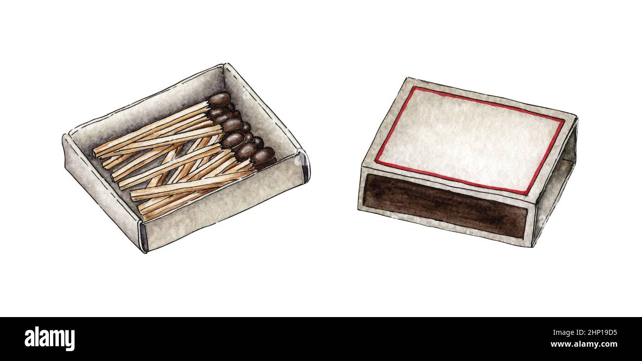 Watercolor illustration of an open matchbox full of red matches. Get ...