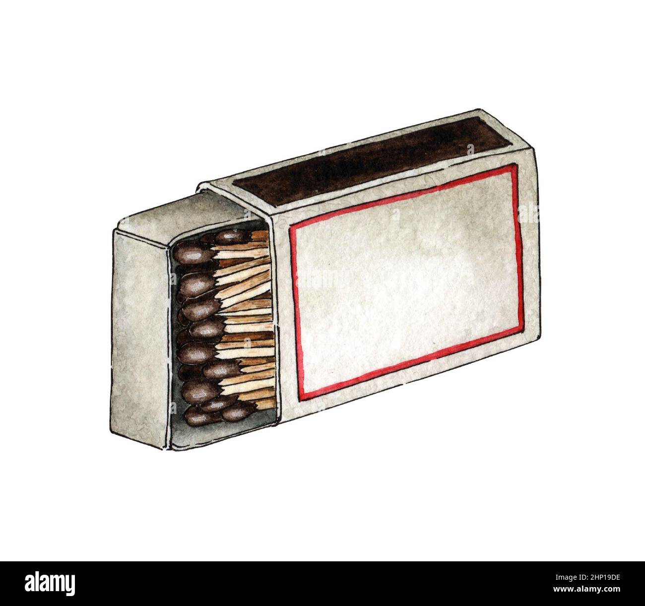 Watercolor illustration of an open matchbox full of red matches lying ...