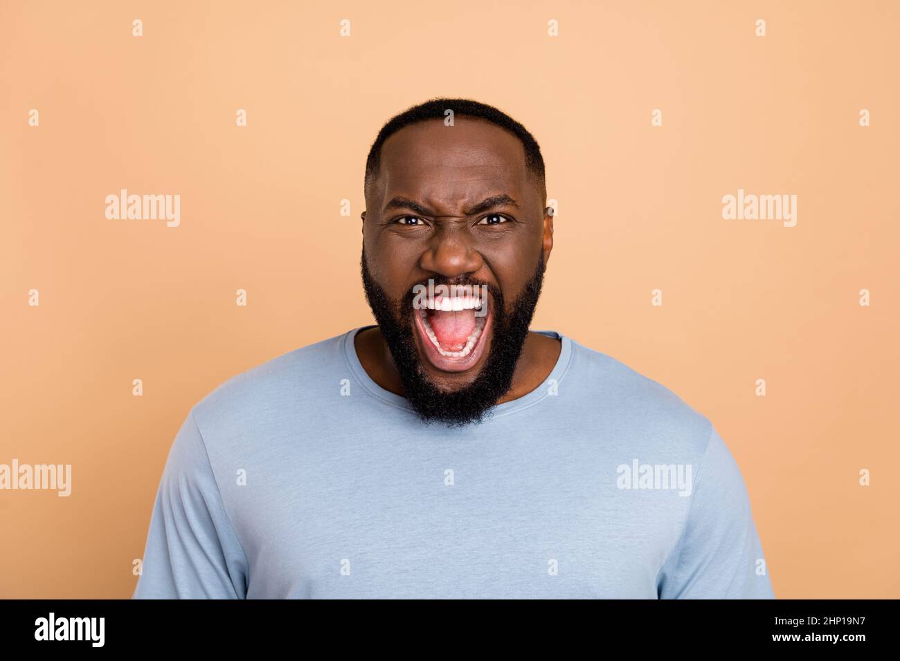 Portrait of attractive mad fury crazy guy bad reaction shouting ...