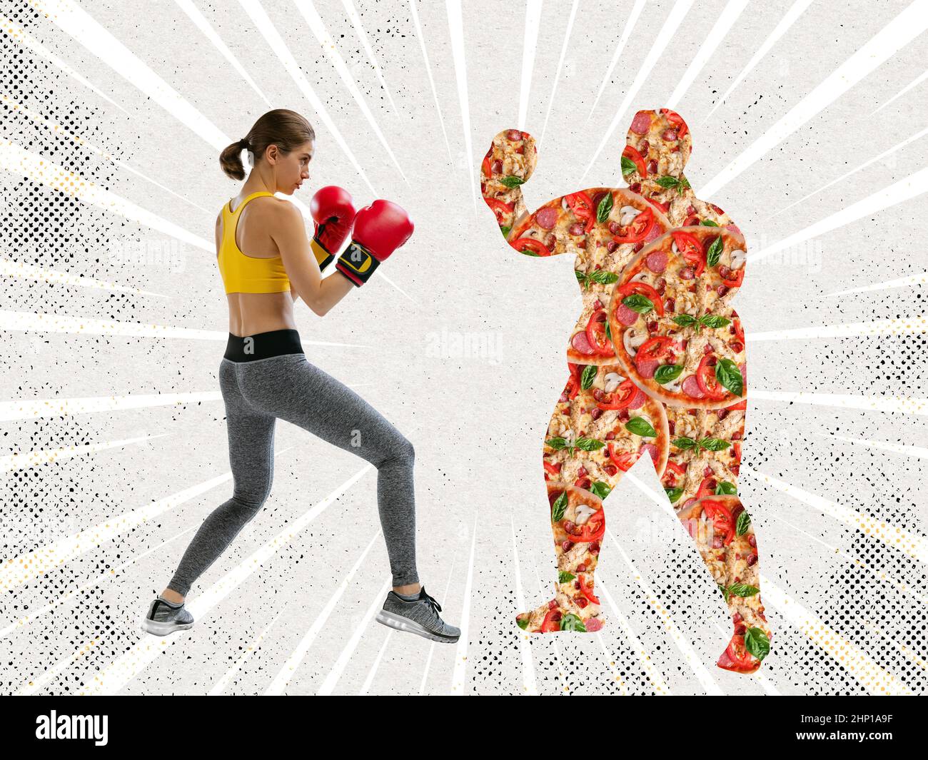 Sportive young slim girl wearing sport uniform boxing with huge body ...