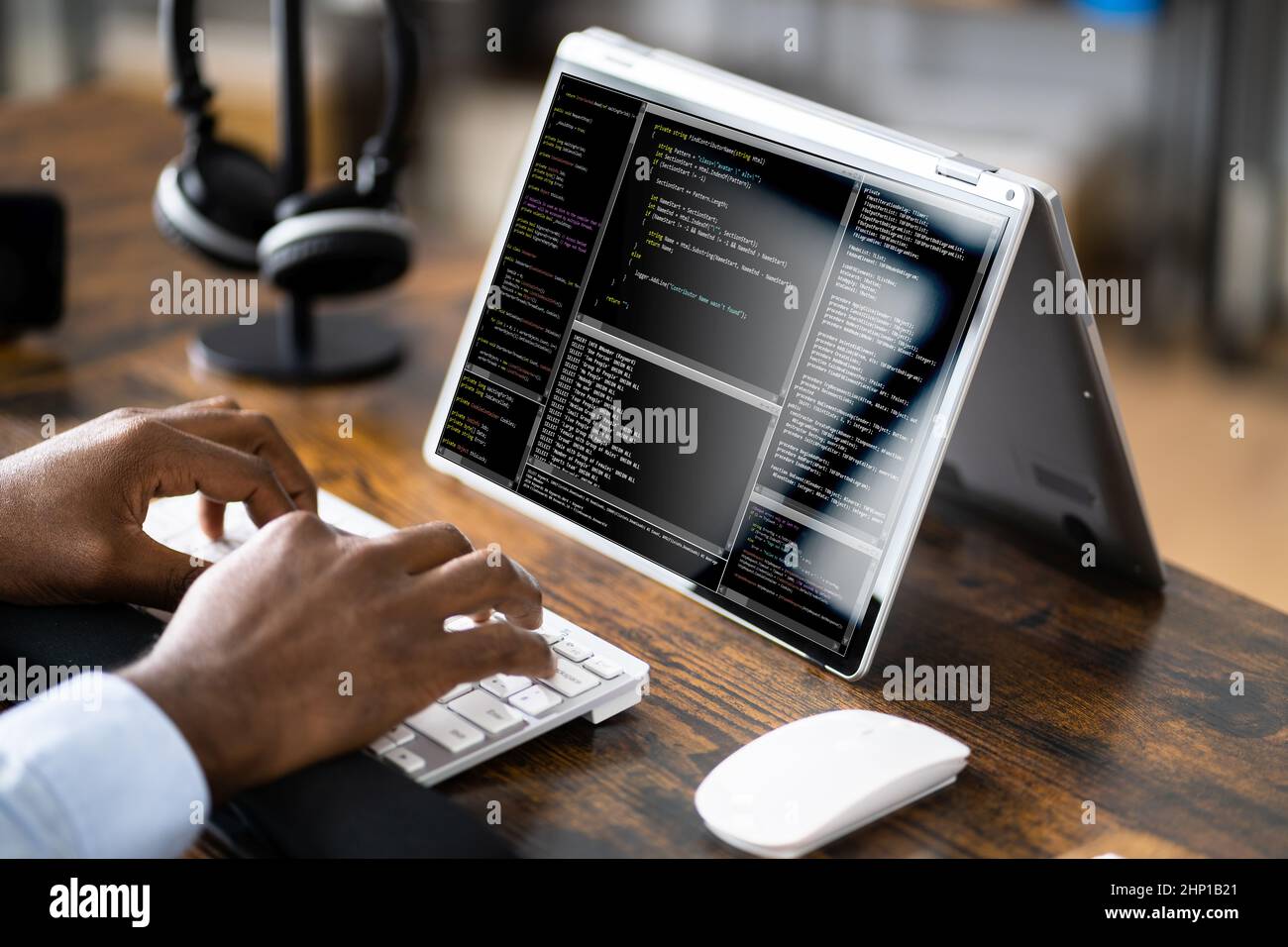 African American Coder Using Computer At Desk. Web Developer Stock ...