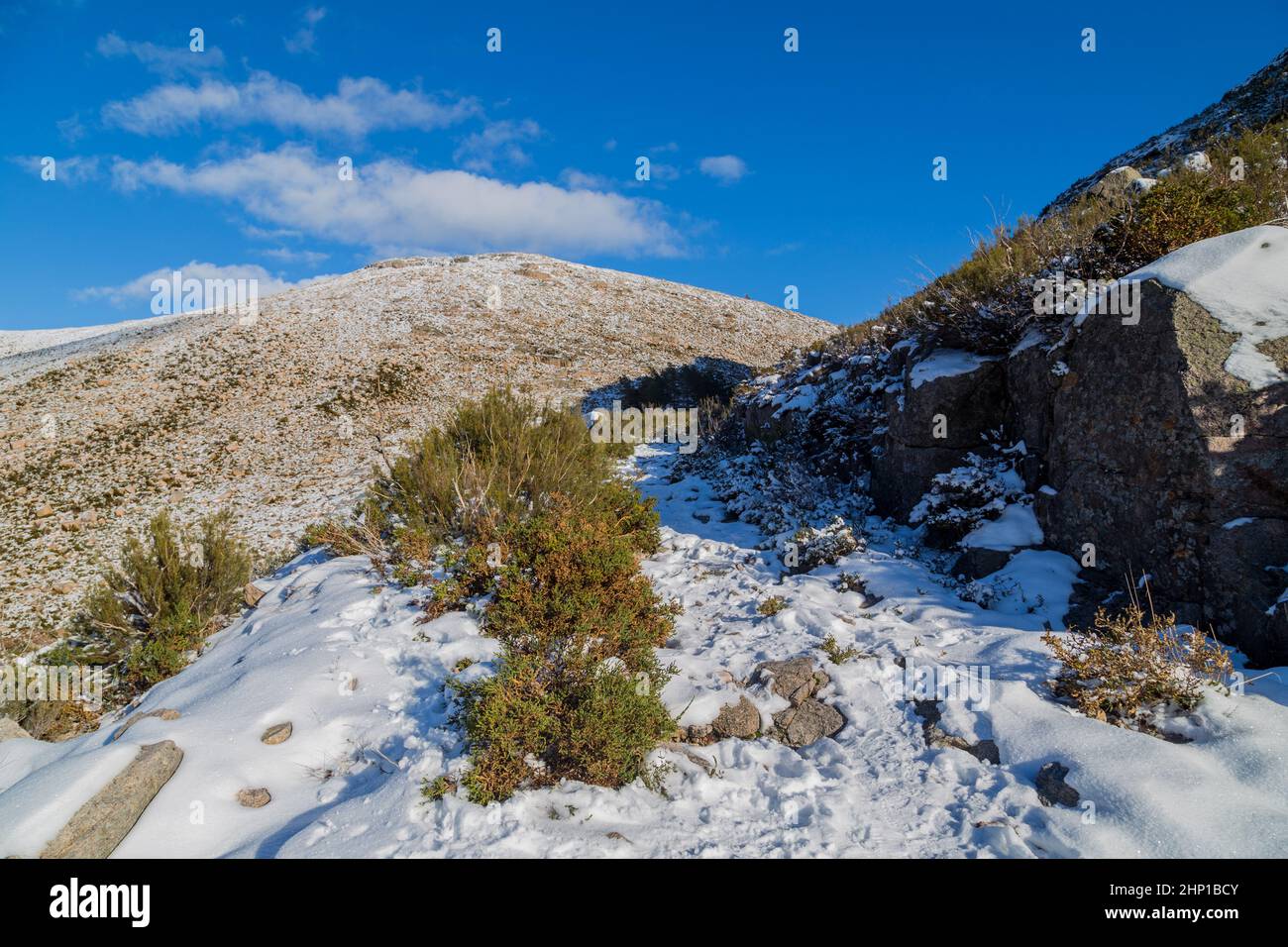 Winter landscape with snow in mountains of Serra do Geres natural park ...