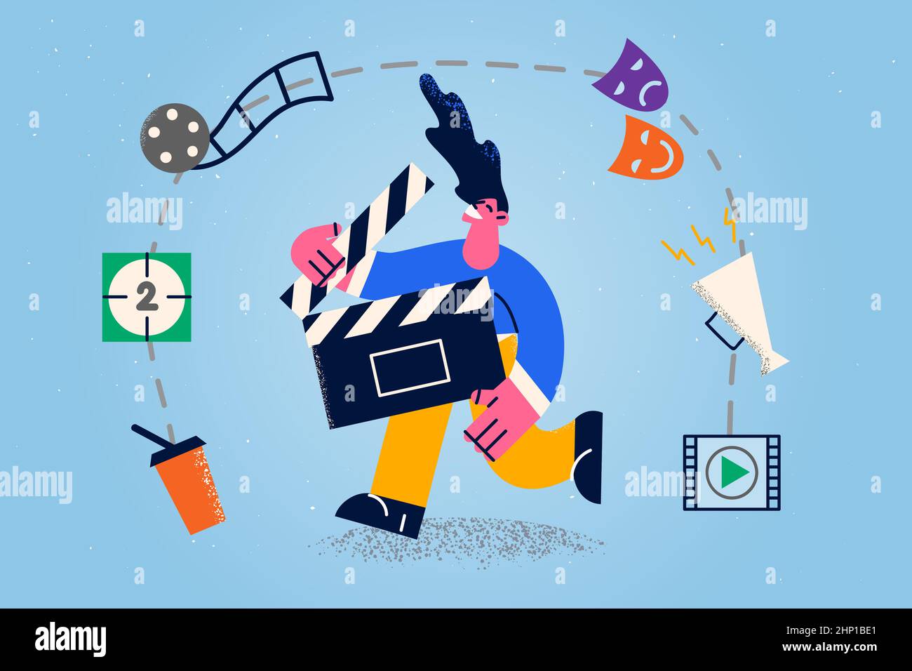 Smiling young man with clapperboard making movie recording film ...