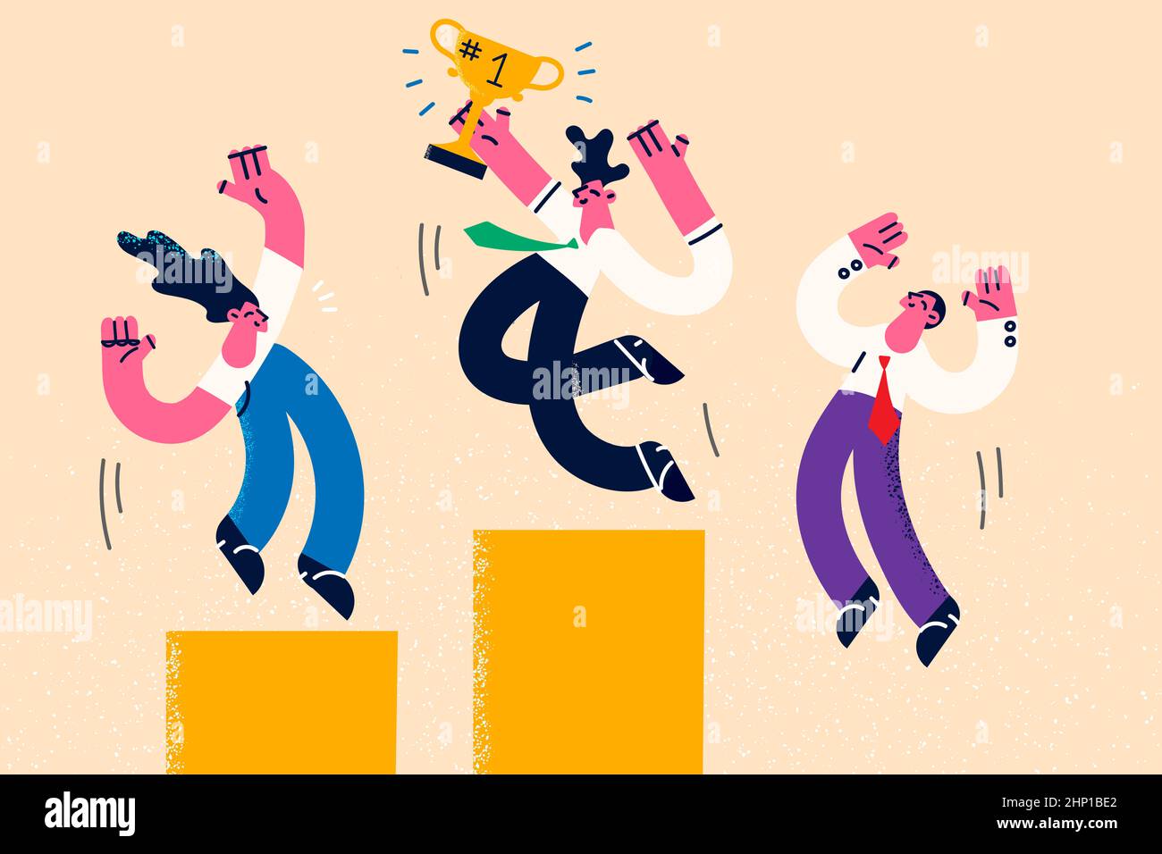 Overjoyed employees with golden price celebrate company win or victory ...