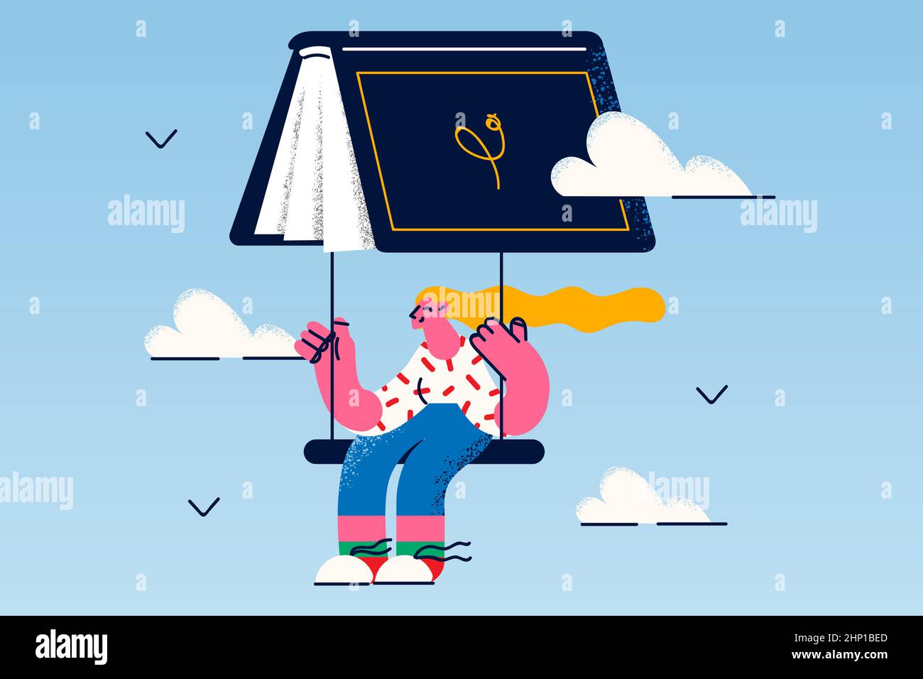 Happy girl reader fly on book as parachute enjoy literature. Smiling ...