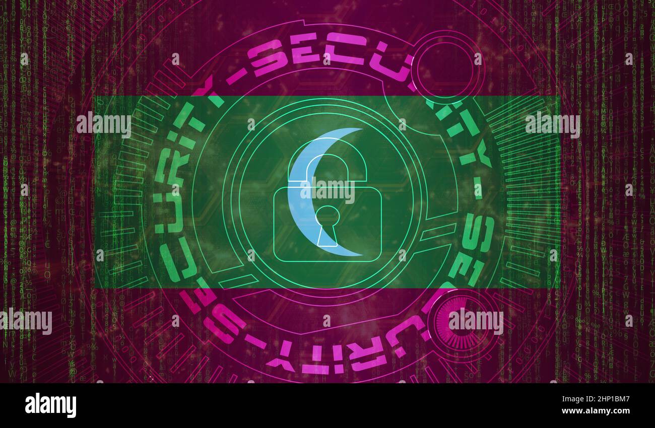 National cyber Security of Maldives on digital background Data protection. Safety systems ...