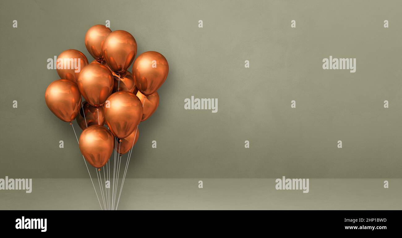 Copper balloons bunch on a grey wall background. Horizontal banner. 3D ...