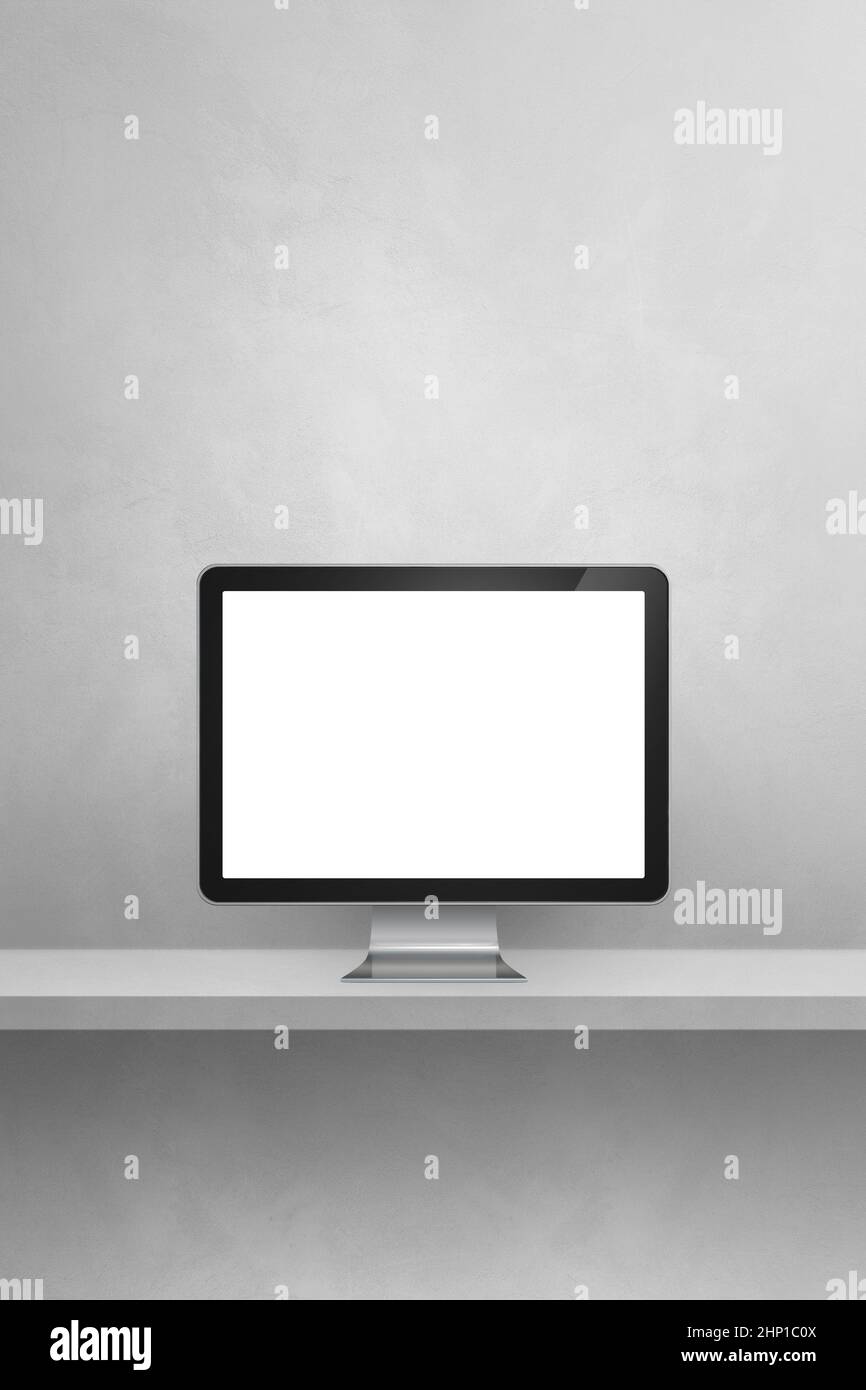Computer pc - grey wall shelf. Vertical background. 3D Illustration ...