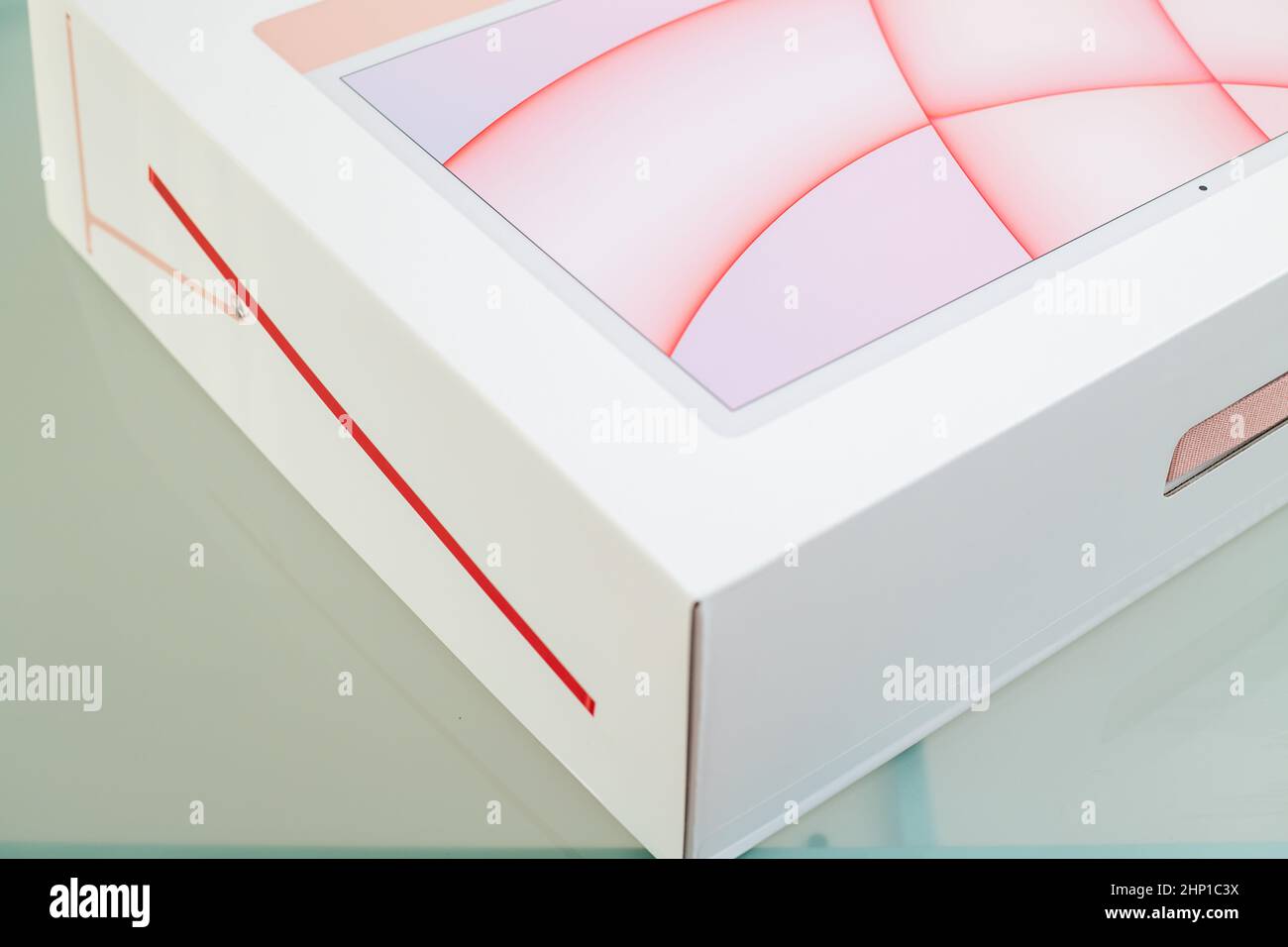 Bologna, Italy: February 14, 2022.Unboxing the new modern Apple pink ...