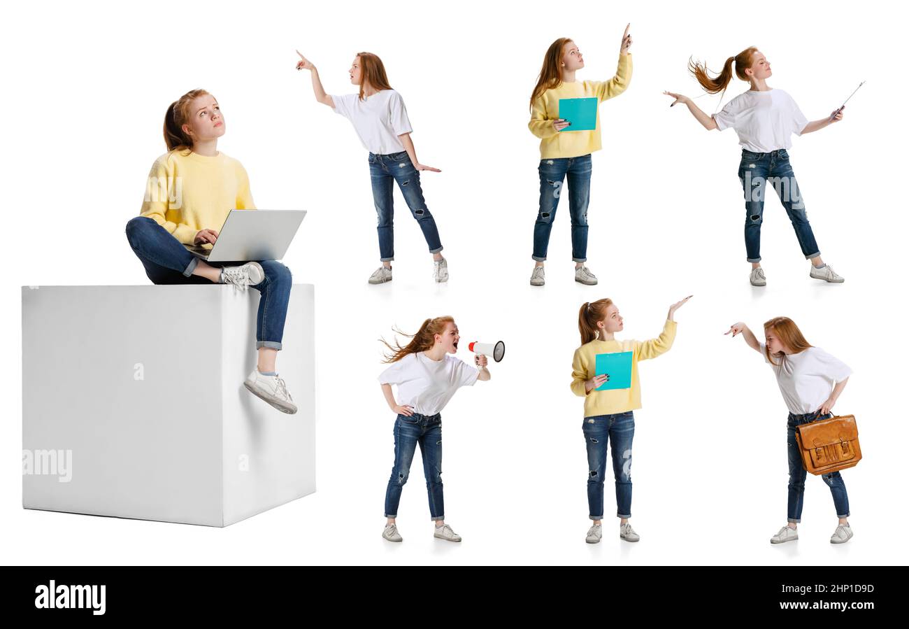 Collage with young girl, trainee working on new business project ...