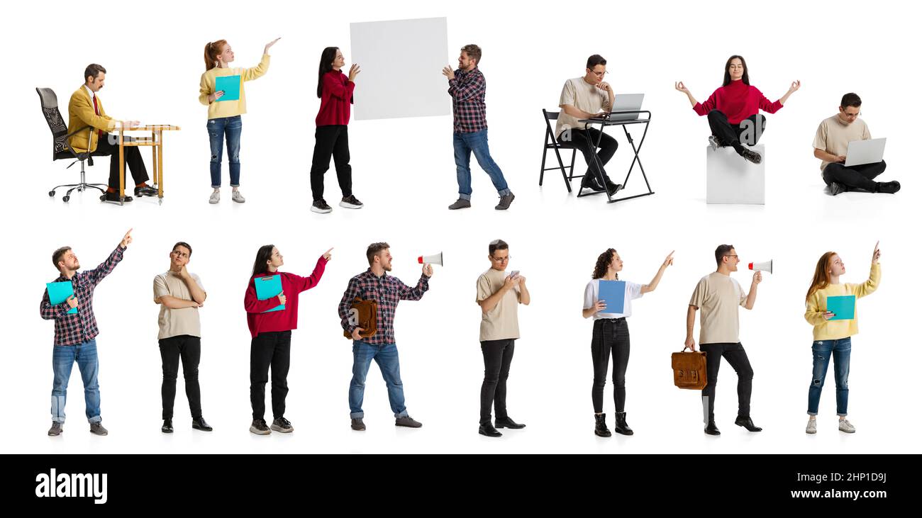 Collage. Office workers, employees during working day cycle isolated ...