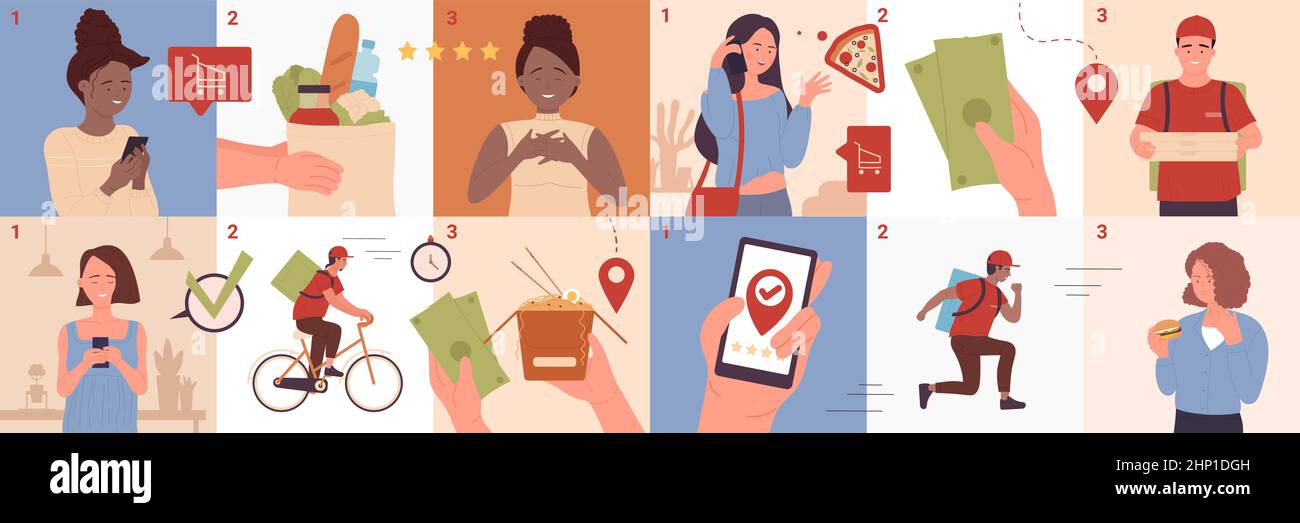 Delivery steps of online order service vector illustration set. Cartoon ...