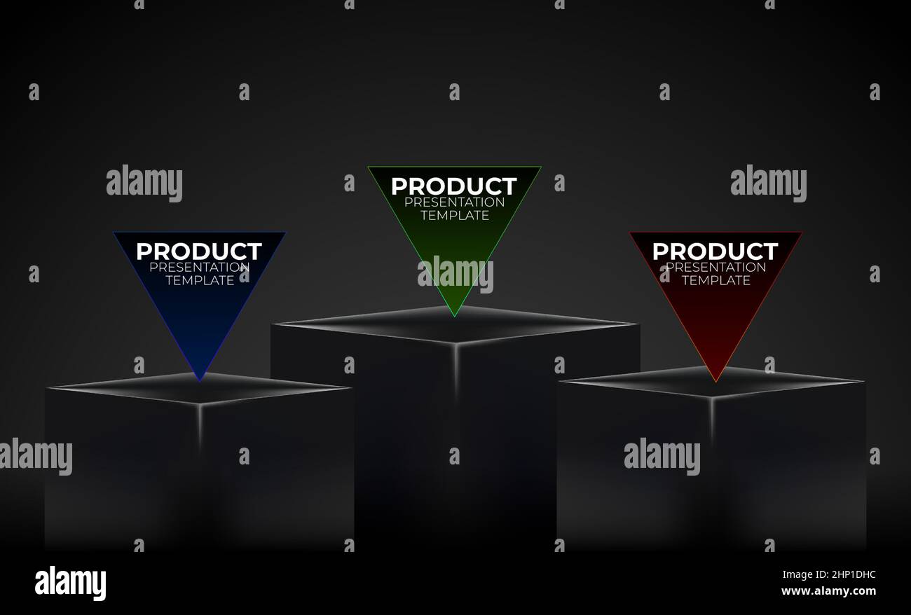 Three box stand for product display. Empty dark black podium or ...