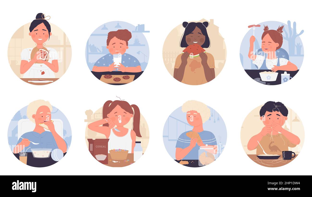 Kids eat food in round avatar set vector illustration. Cartoon hungry ...