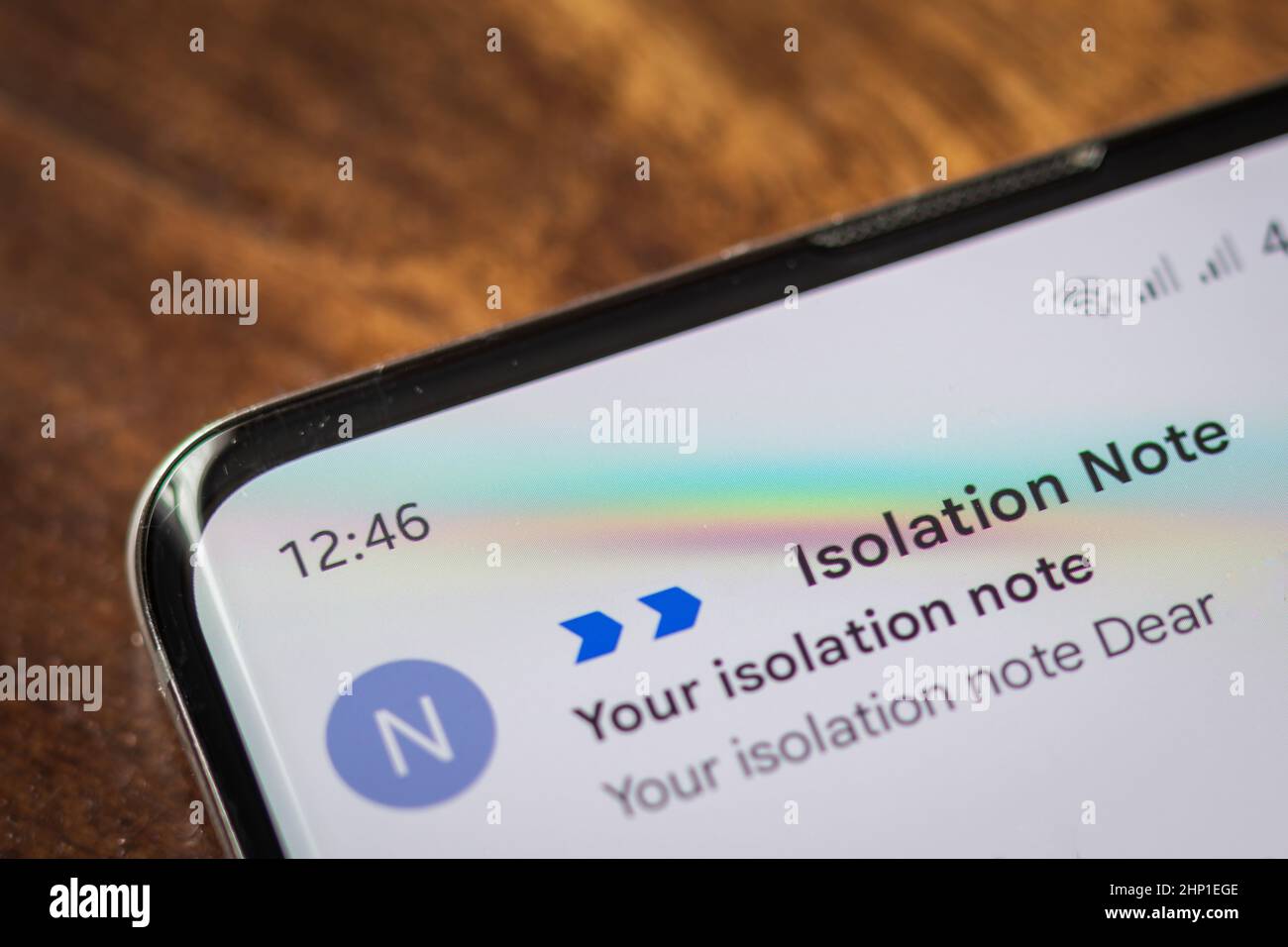 Covid 19 isolation note email notification on smartphone screen in ...