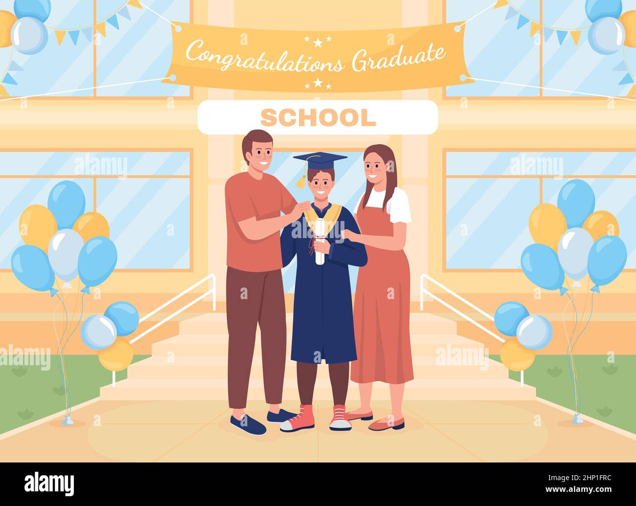 High school graduate with mom, dad flat color vector illustration Stock ...