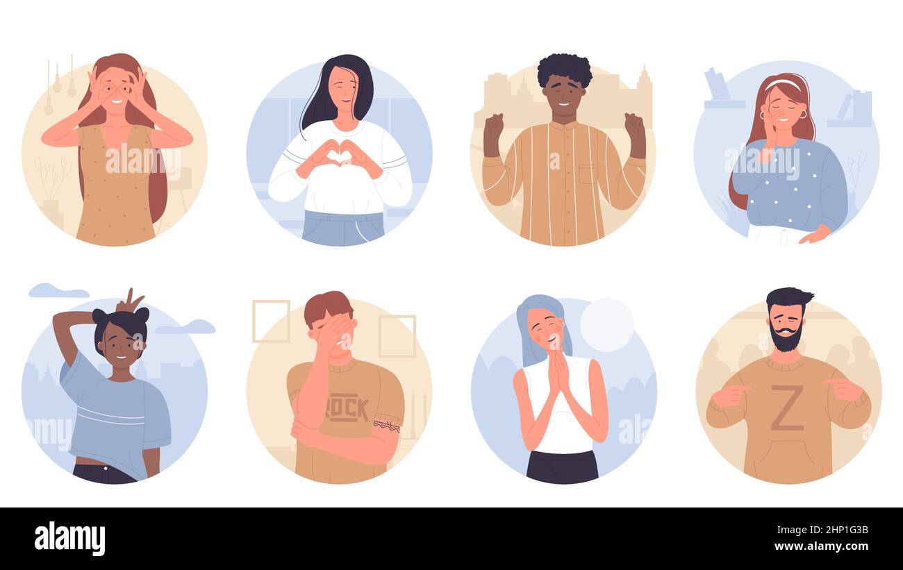 Happy people with funny faces, gestures and fun reactions in round ...