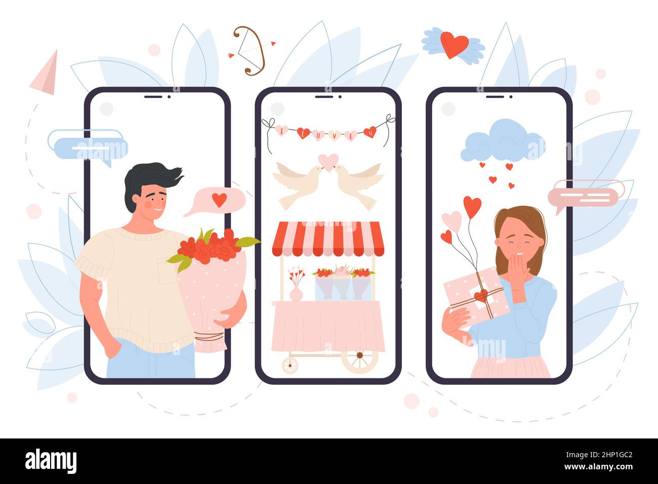 Love gifts on screens of mobile phones vector illustration. Cartoon ...