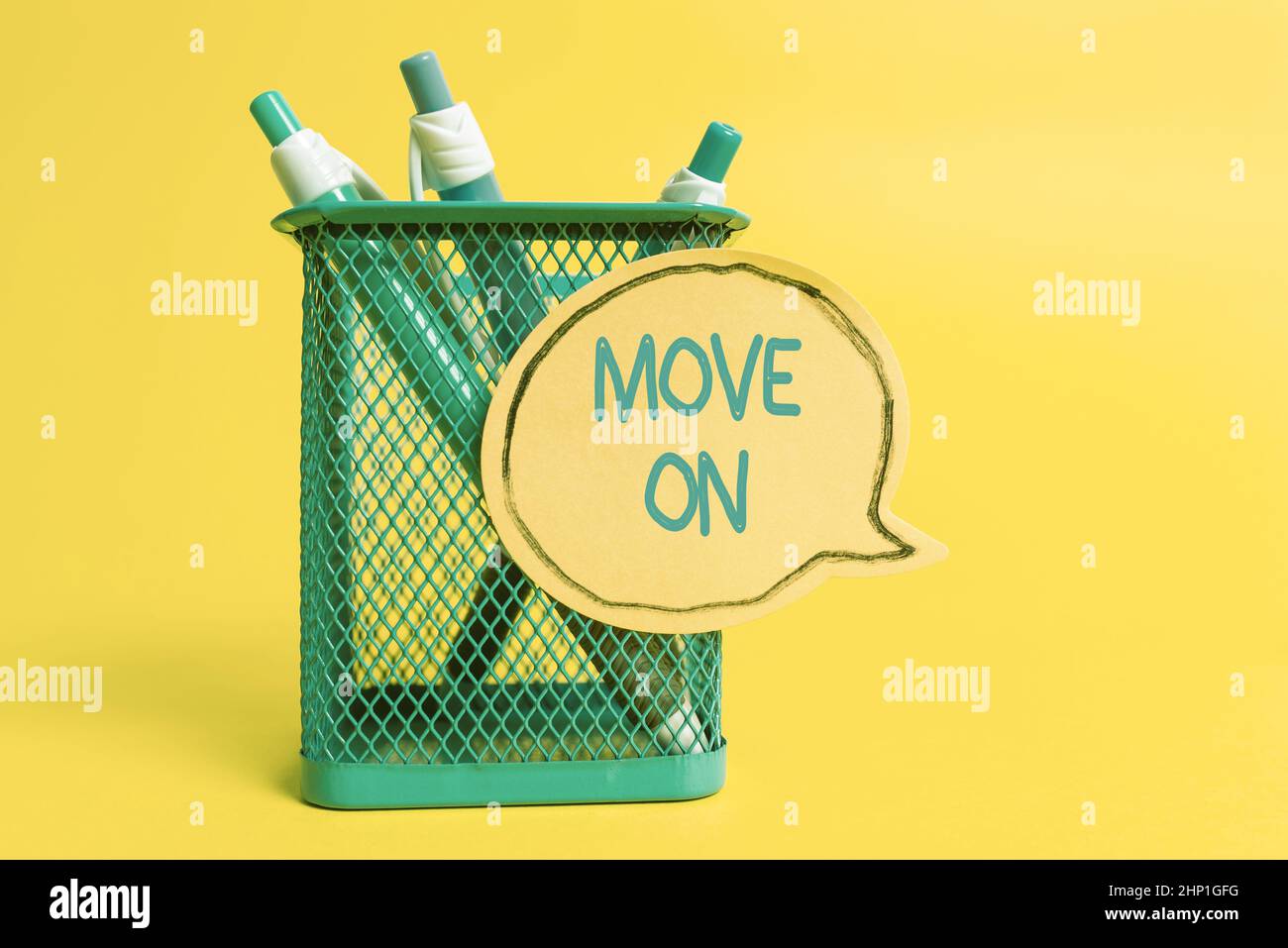 Hand writing sign Move On, Business concept to leave the place where ...