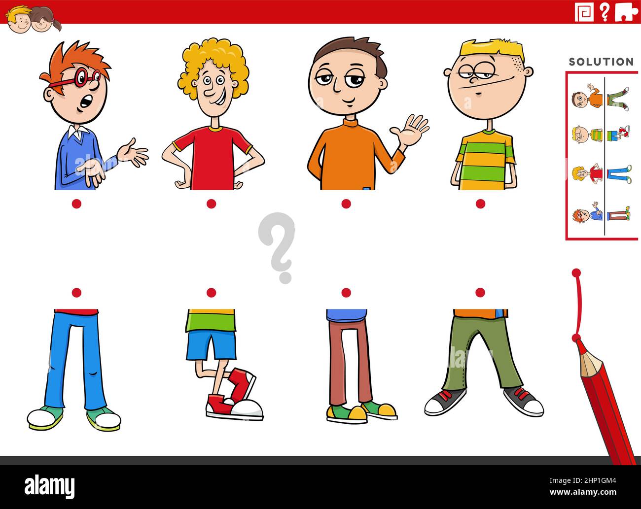 Cartoon illustration of educational game of matching halves of pictures ...