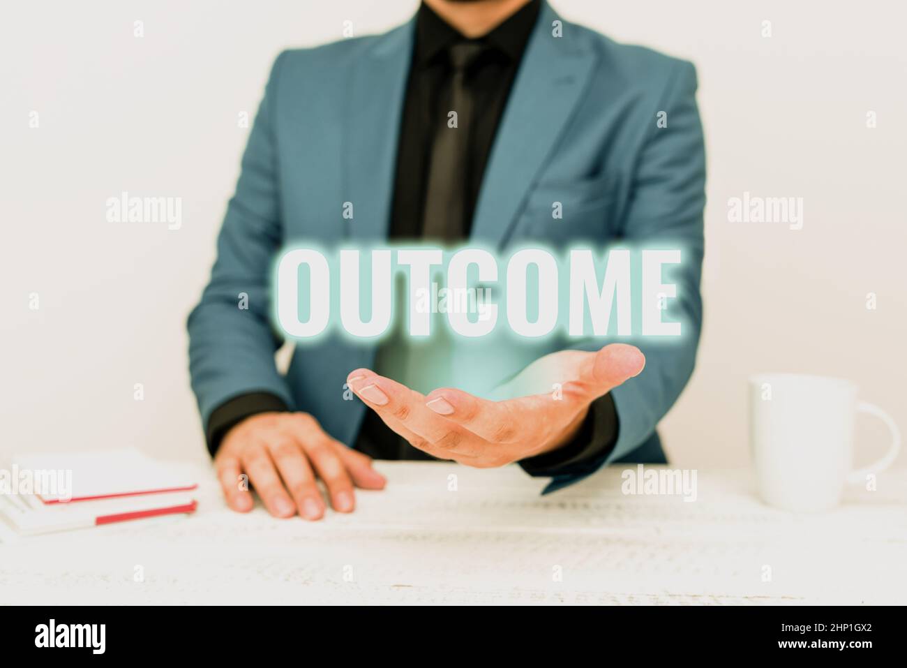 Hand writing sign Outcome, Word Written on the final result of ...