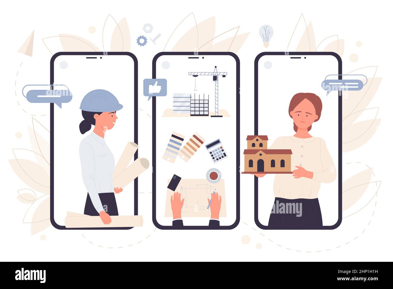 Architect with model of building and blueprints on screens of mobile ...