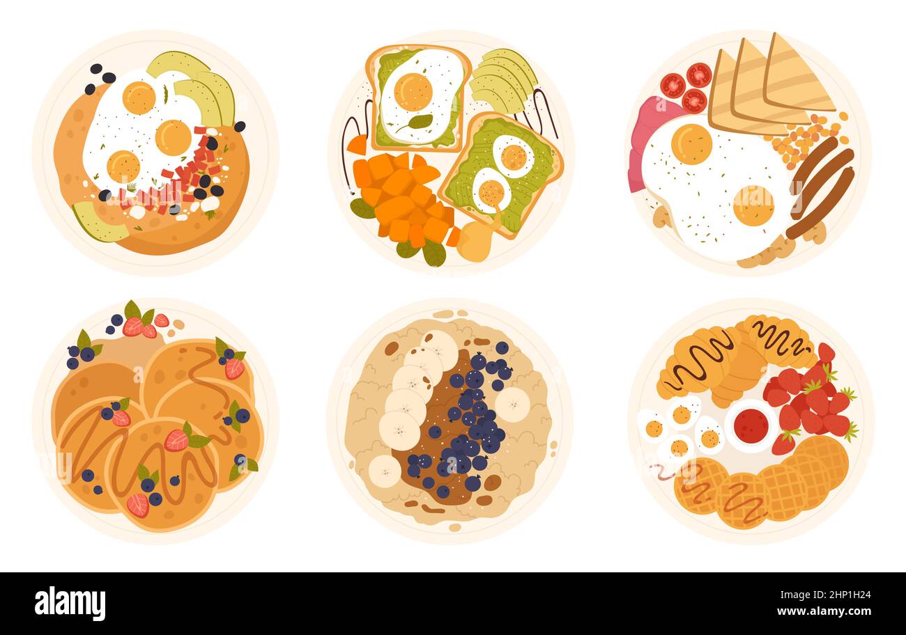 Breakfast food on plate set, top view vector illustration. Cartoon ...