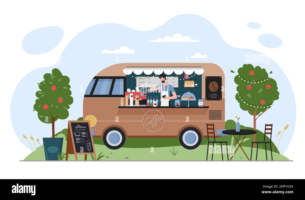 Coffee and food truck vector illustration. Cartoon car van with street ...