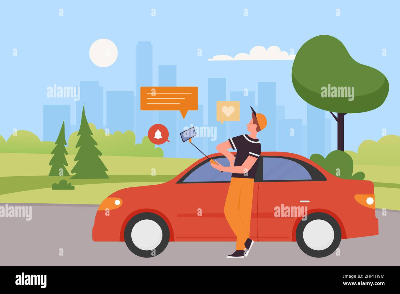 Auto blogger making social media content on street. Cars blog with ...