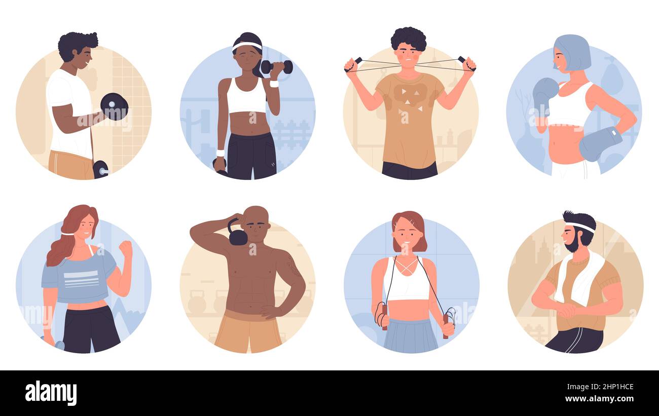 Sport exercises of people in gym, round avatar set vector illustration ...