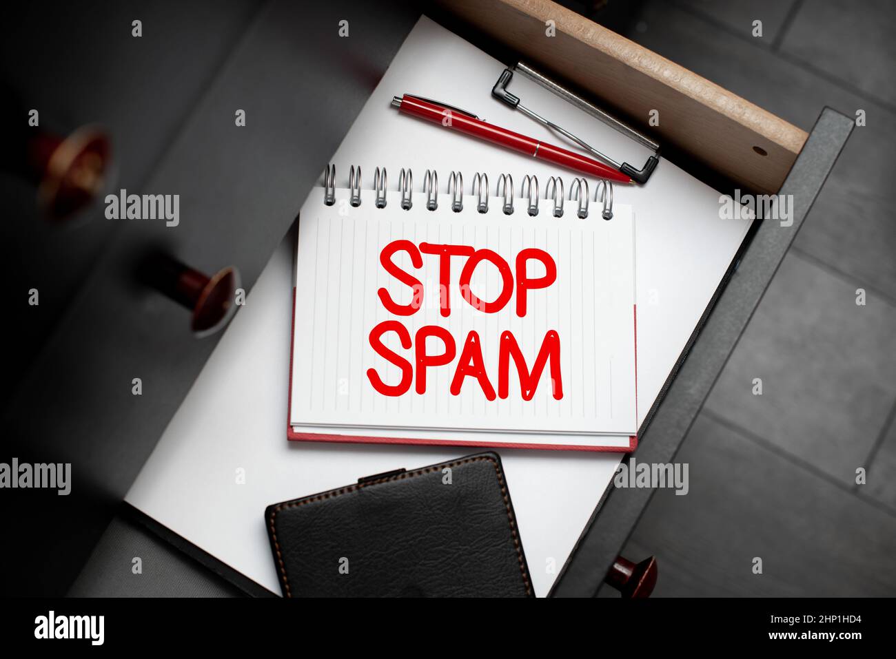 Hand writing sign Stop Spam, Word for end the Intrusive or ...