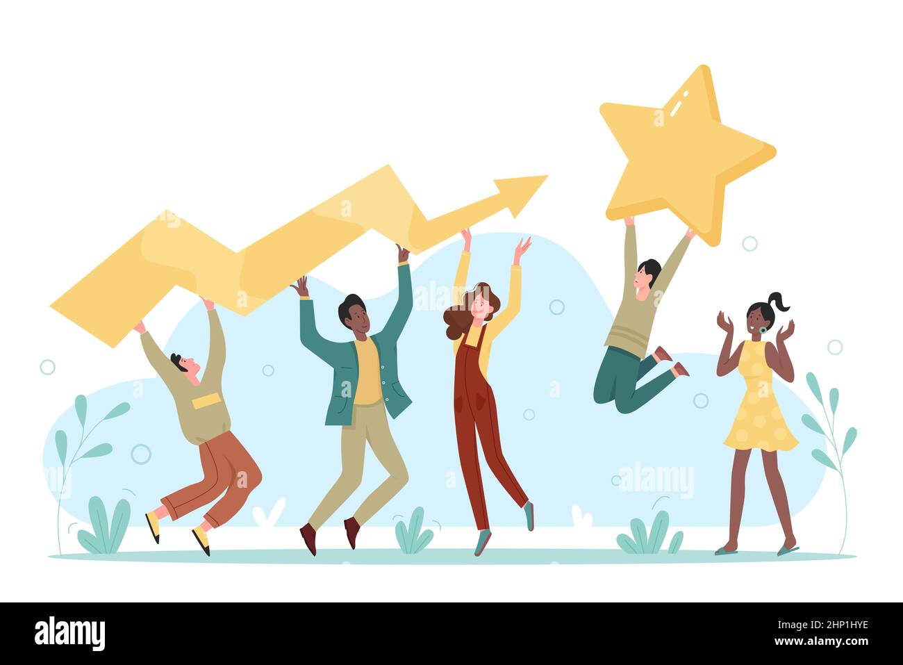 Teamwork and business challenge to achieve goal. Tiny people holding ...