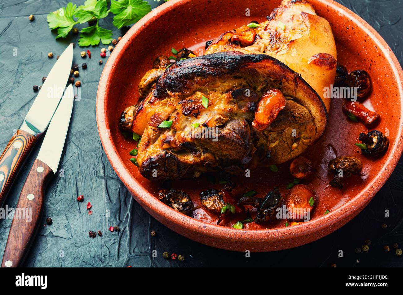 Baked pork leg eisbein. Roasted pork knuckle. German cuisine Stock ...